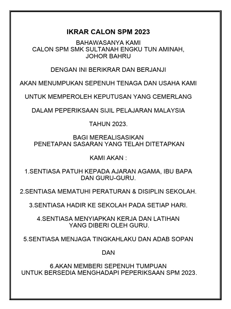 Ikrar Calon SPM 2023 | PDF