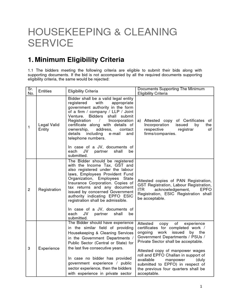 Housekeeping & Cleaning Service: 1. Minimum Eligibility Criteria | PDF ...