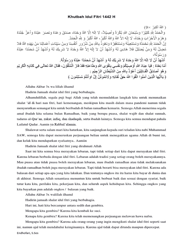 Khutbah Idul Fitri 1442 Endhofari, S.sos | PDF