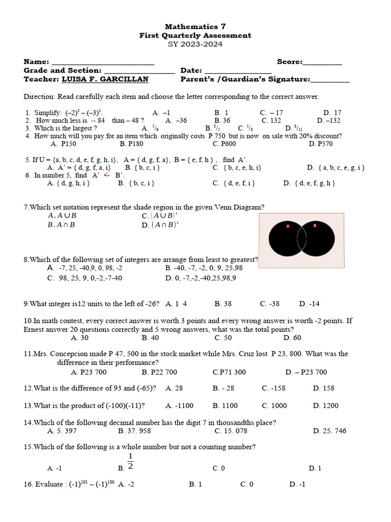 1st Periodic Test - Math 7 | PDF