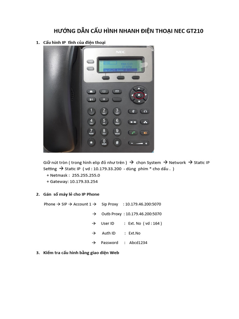 HƯỚNG DẪN CẤU HÌNH NHANH ĐIỆN THOẠI NEC GT210 | PDF