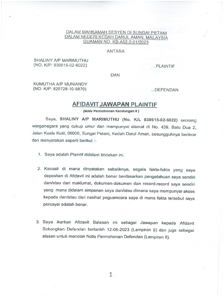 Afidavit Jawapan Plaintif | PDF