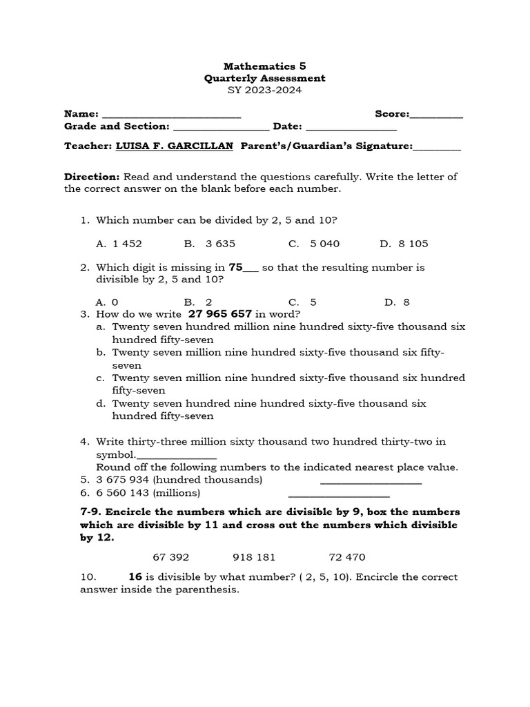 PT - Math 5 - Q1 | Download Free PDF | Mathematics | Arithmetic