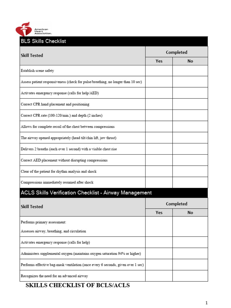 Acls Skills Checklist | PDF | Cardiopulmonary Resuscitation | Shock ...