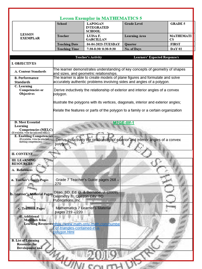 Lesson - Exemplar - GRADE 5 | PDF | Polygon | Vertex (Geometry)