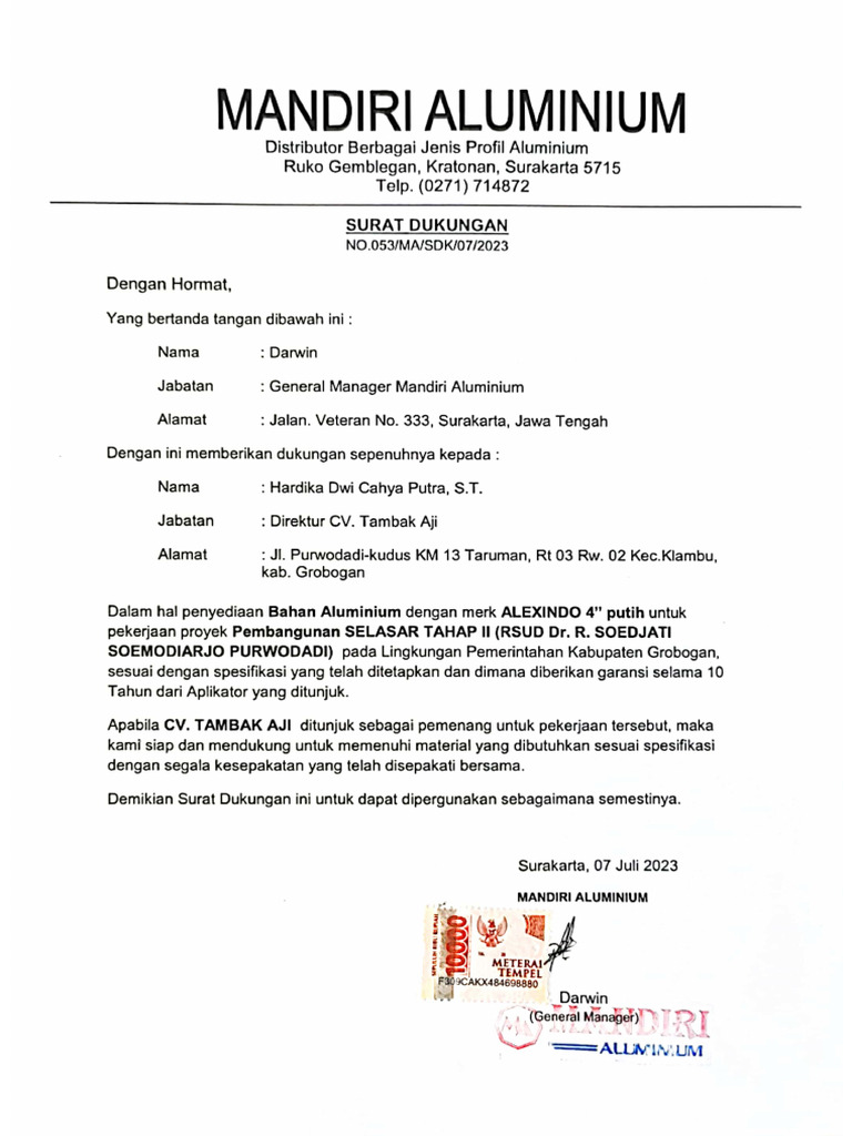 Contoh Surat Pendanaan | PDF