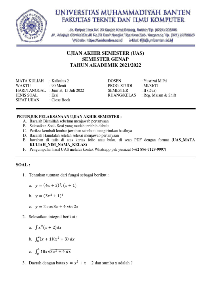 UAS Kalkulus 2: Soal & Petunjuk | PDF