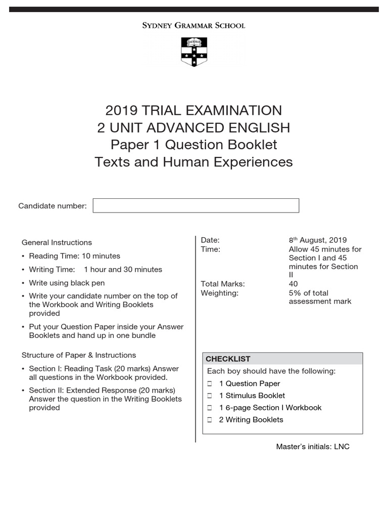 Sydney Grammar 2019 English Trial Paper 1 | PDF | Genetics | Gene