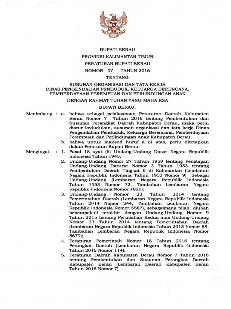 Perbup Nomor 57 Tahun 2016 Tentang Sotk Dinas Pengendalian Penduduk, KB ...