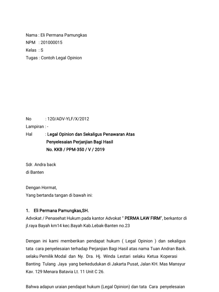 Contoh Legal Opinion | PDF | Hukum