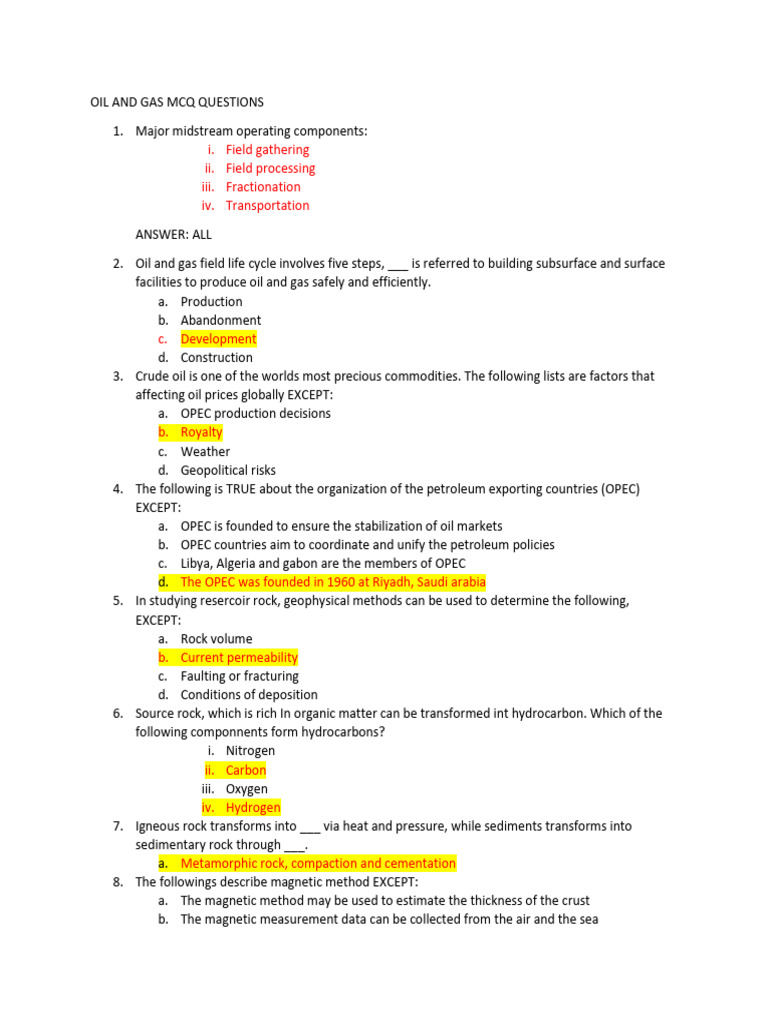 Oil and Gas MCQ Exam Questions | PDF | Petroleum | Petroleum Reservoir