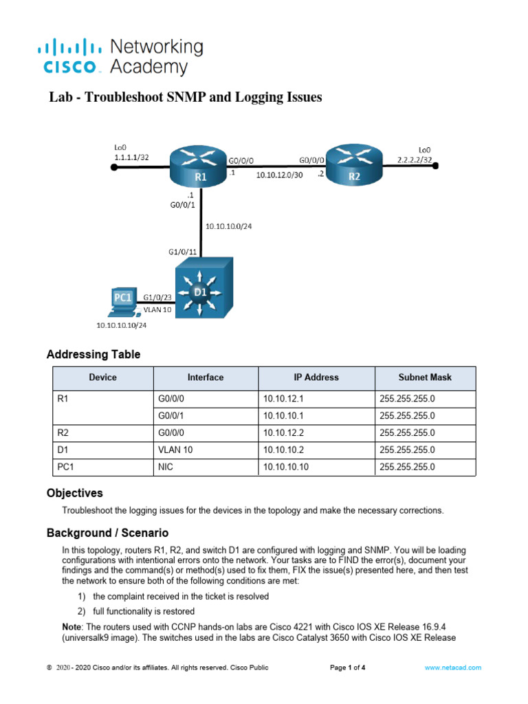 23.1.3 Lab - Troubleshoot SNMP and Logging Issues | PDF | Router (Computing) | Network Architecture