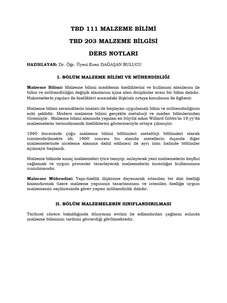 MALZEME BİLİMİ DERS NOTLARI_EDB | PDF
