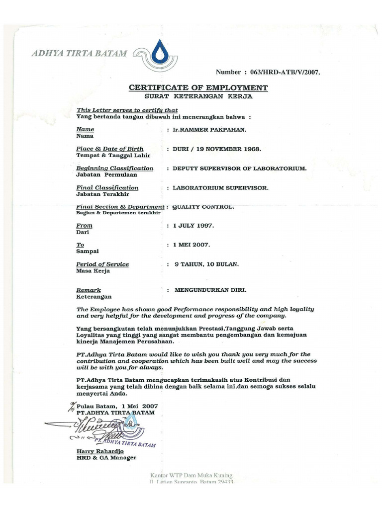 Rammer Pakpahan - Working Cert ATB | PDF