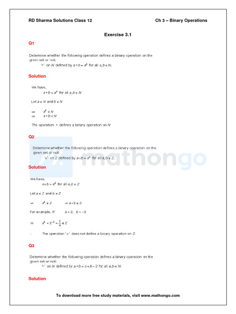 RD - Sharma - Class 12 Chapter 03 Binary Operations | PDF
