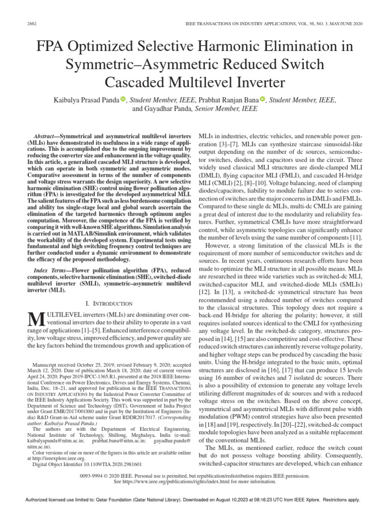 FPA Optimized Selective Harmonic Elimination in Symmetric-Asymmetric Reduced Switch Cascaded ...