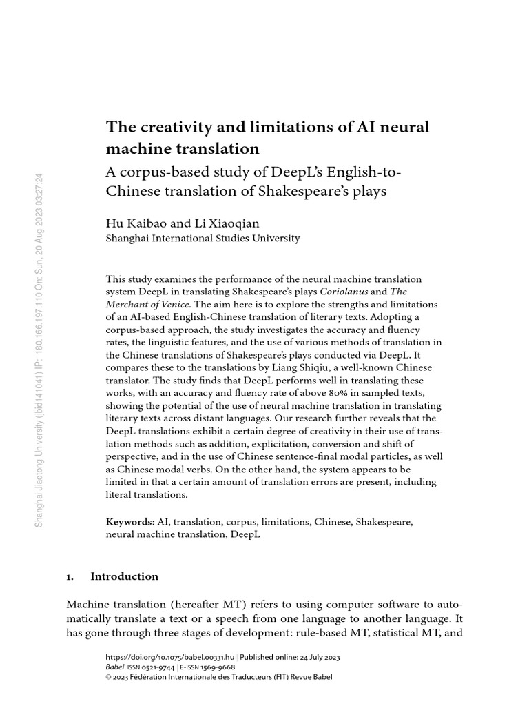 The Creativity and Limitations of AI Neural Translation | PDF ...