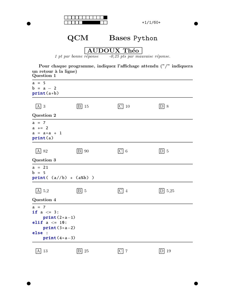 QCM Bases Python: 20 Questions Réponses | PDF | Programmation informatique | Génie logiciel