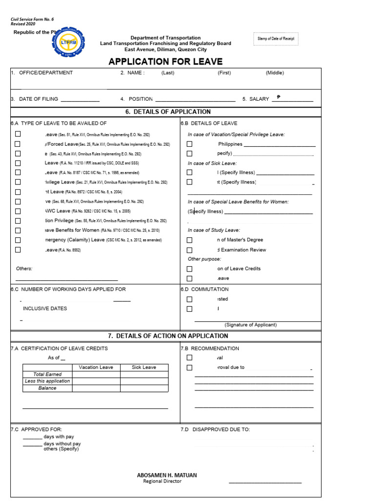 CS Form No. 6, Revised 2020 (Application For Leave) (Fillable) | PDF ...