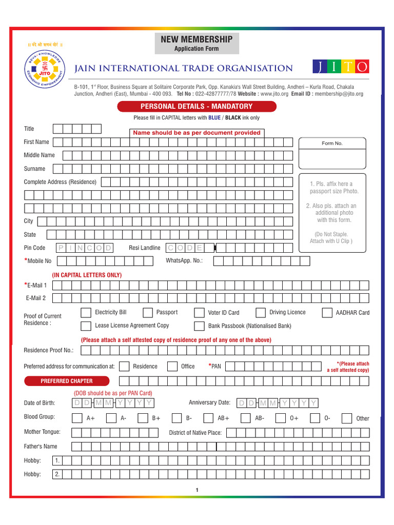 JITO Membership Form | PDF | Cheque