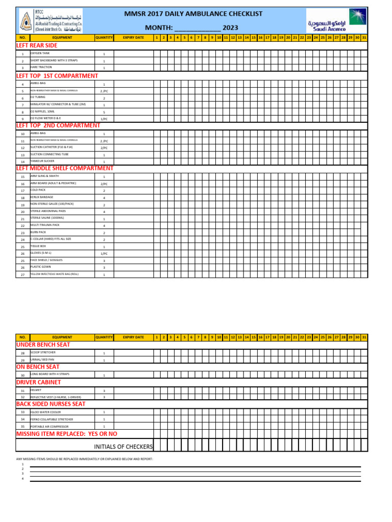 Ambulance Daily Checklist | PDF | Clinical Medicine | Medical Equipment