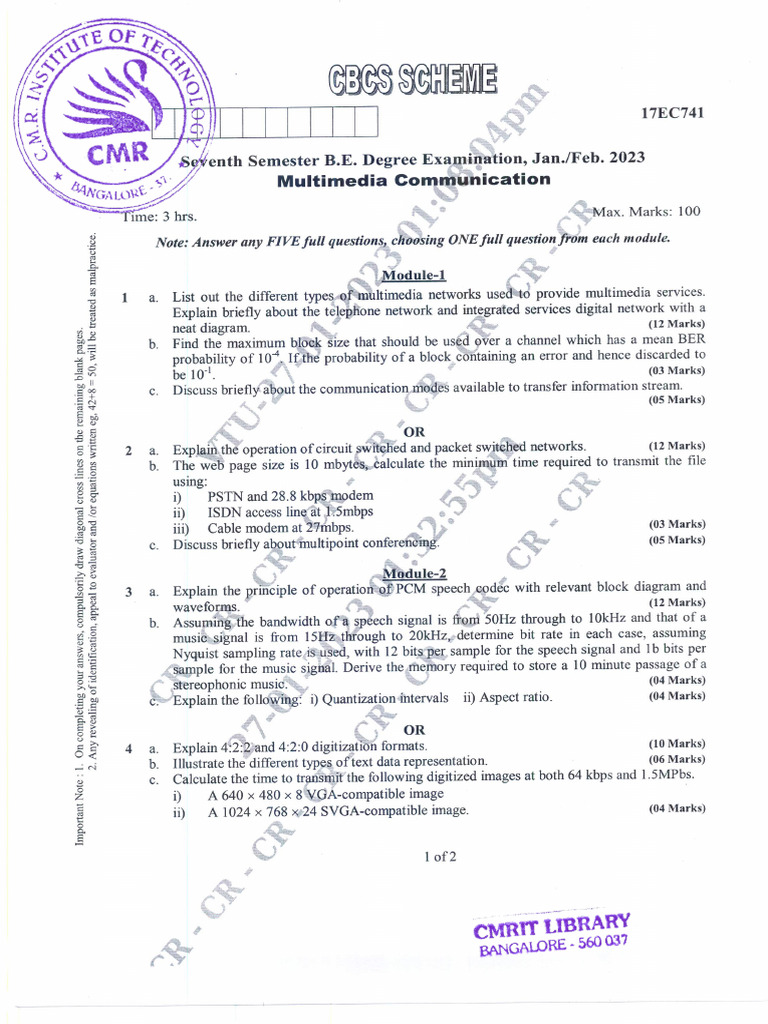 VTU Question Paper of 17EC741 Multimedia Communication Jan-Feb-2023 | PDF