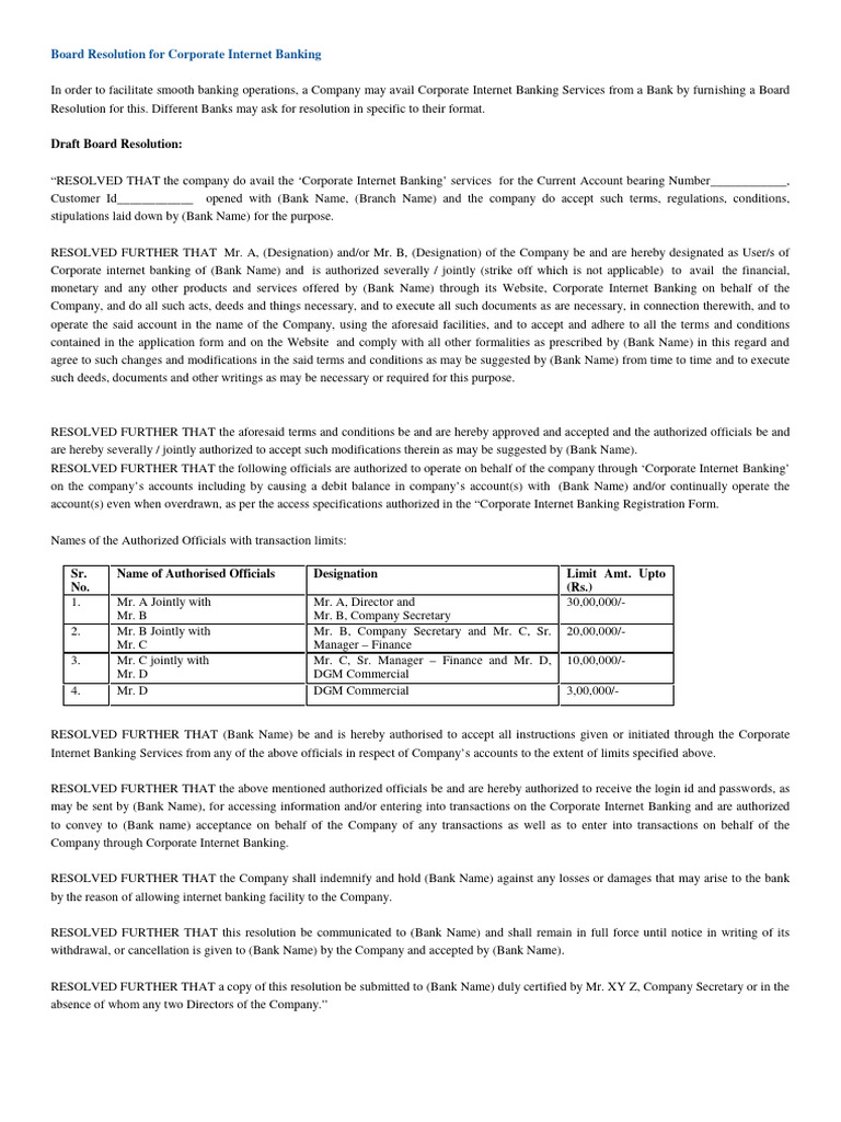 Sample Board Resolution | PDF | Banks | Online Banking