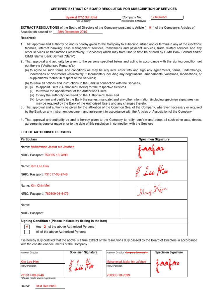CIMB - Biz Channel Sample Application Form - Board Reso | PDF | Business