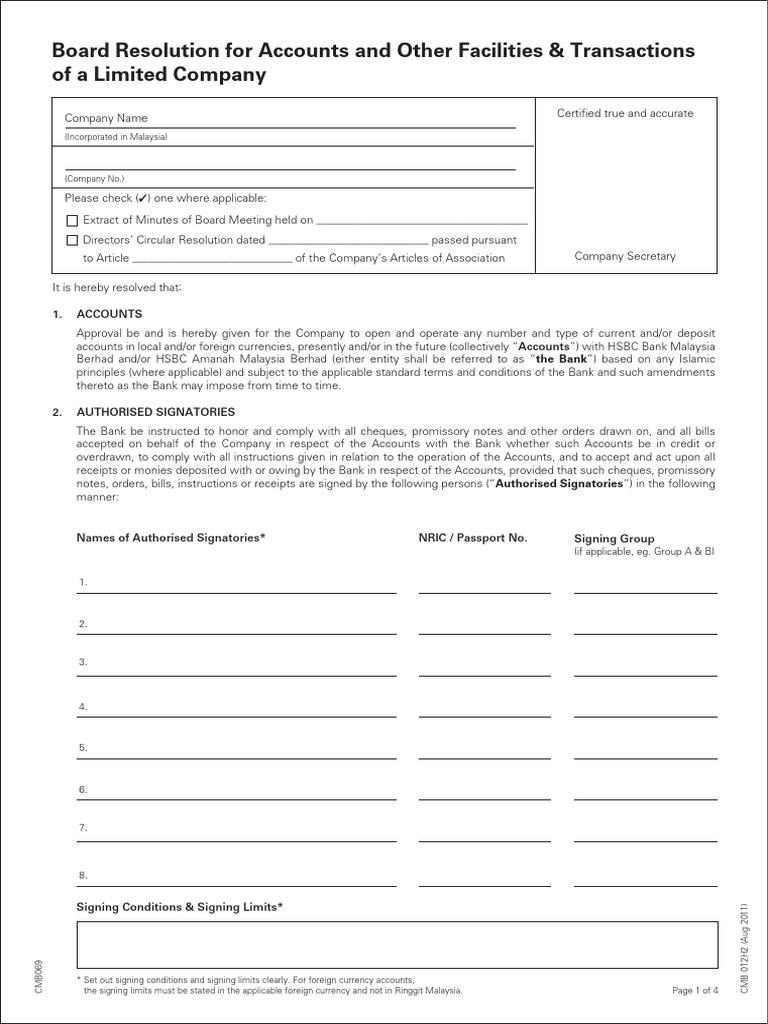 HSBC - Board Resolution For Accounts and Other Facilities ...
