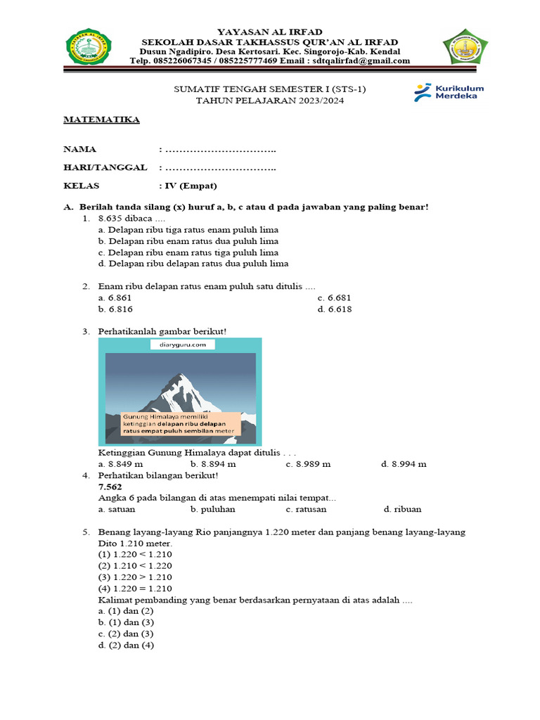 Soal STS 1 MTK Kelas 4 | PDF