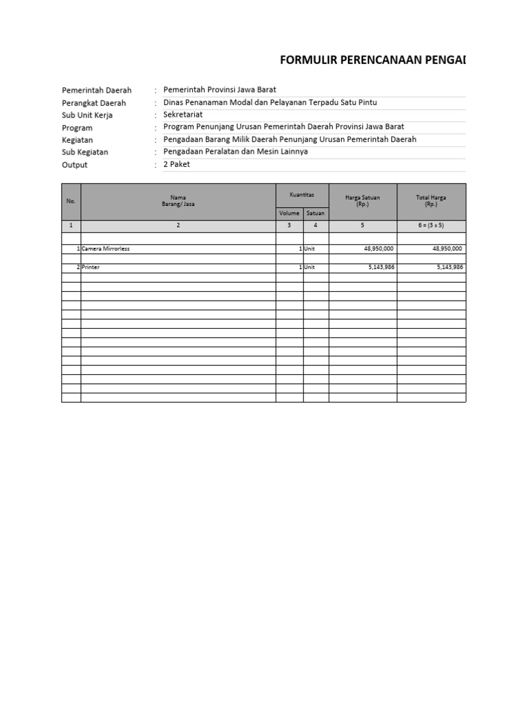 Form Perencanaan Pengadaan - Belanja Modal (Camera & Printer) | PDF