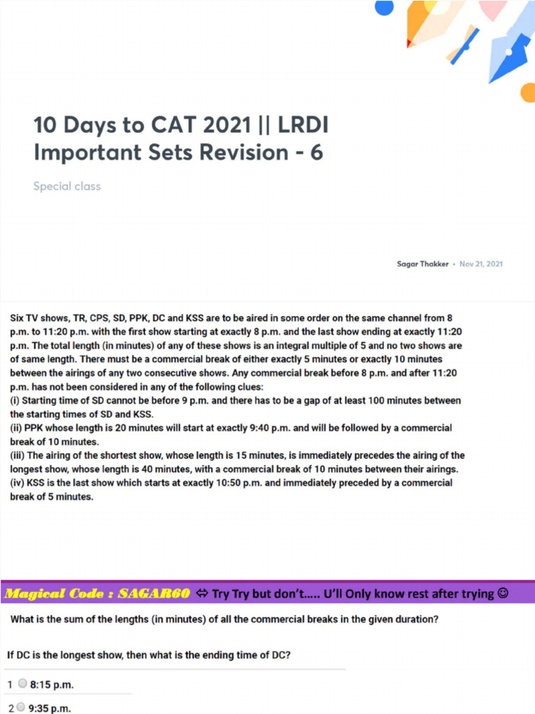 10 Days To CAT LRDI Important Sets Revision 6 No Anno | PDF