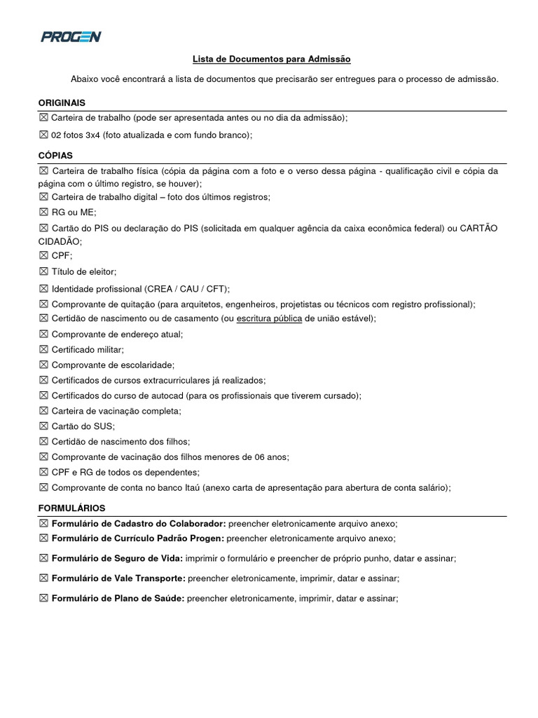Formato De Check List De Documentos