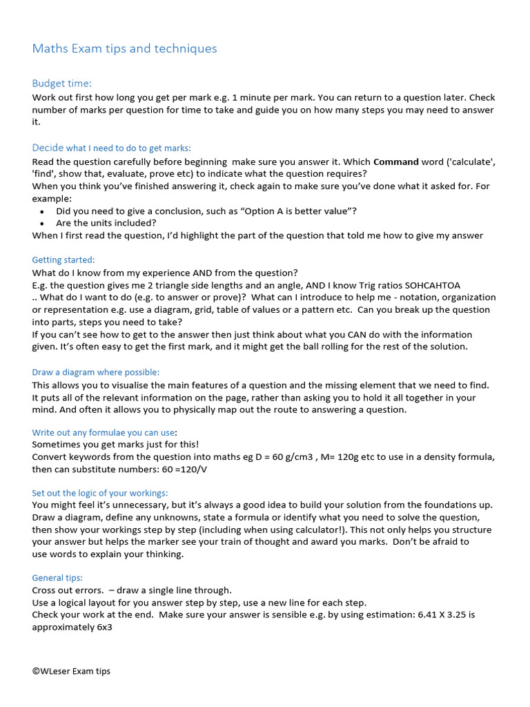 Maths Exam Tips and Techniques | PDF | Question | Thought