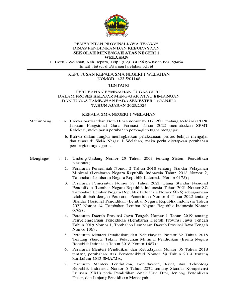 SK - Perubahan Pembagian - Tugas - 2023-2024, Relokasi | PDF