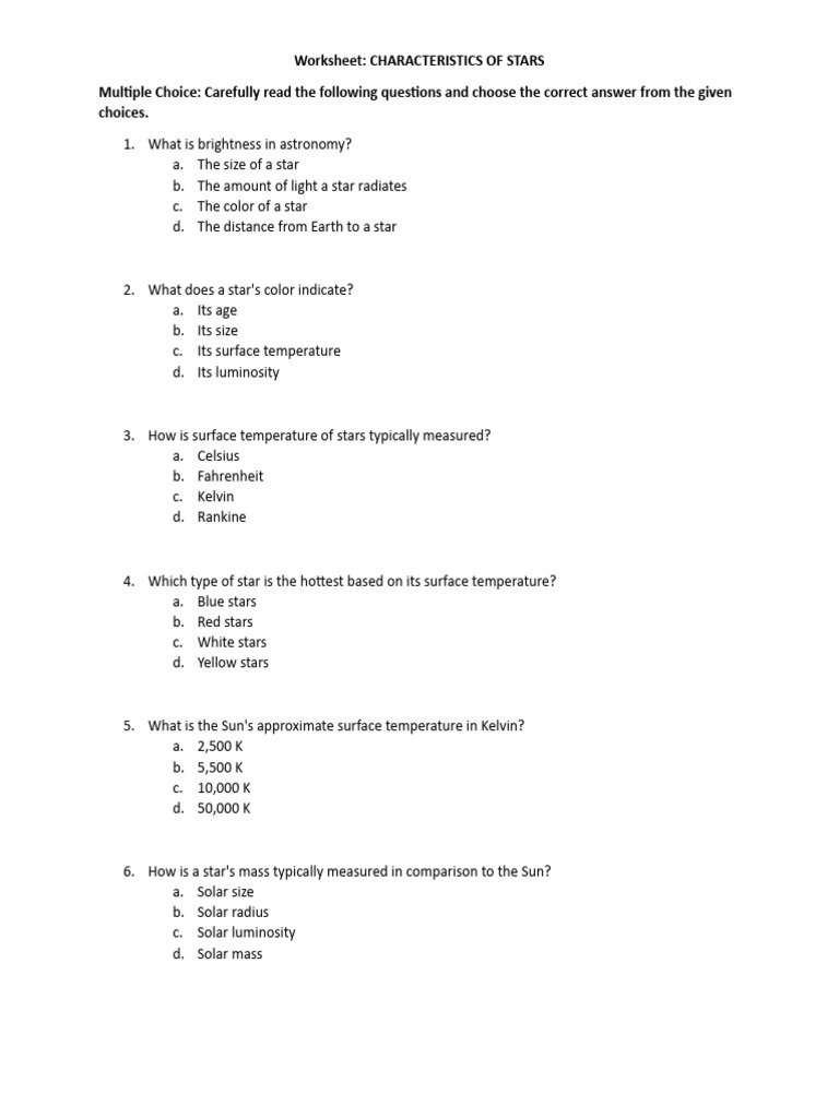 Worksheet CHARACTERISTICS OF STARS | PDF