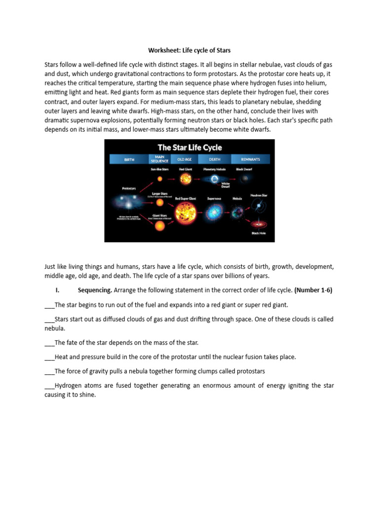 Life Cycle of Stars Worksheet | PDF | Stars | Supernova