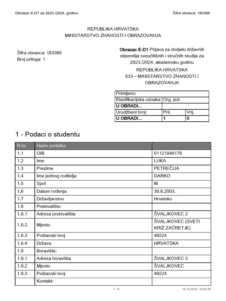 Obrazac E-D1 Za 2023. - 2024. Godinu | PDF