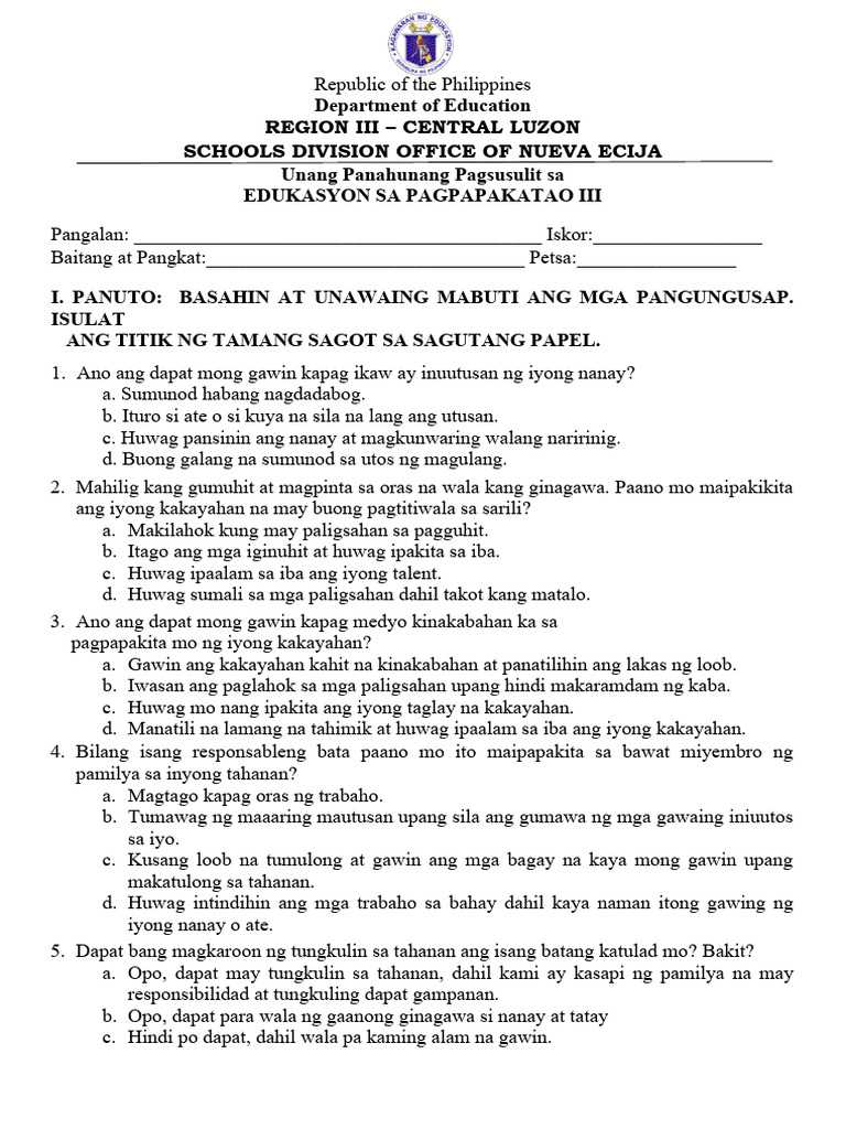 ESP 3 - 1st QTR Test | PDF
