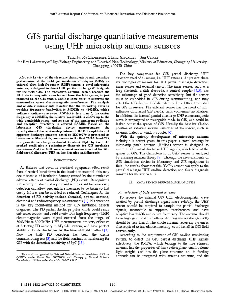 GIS Partial Discharge Quantitative Measurements Using UHF Microstrip Antenna Sensors | PDF ...
