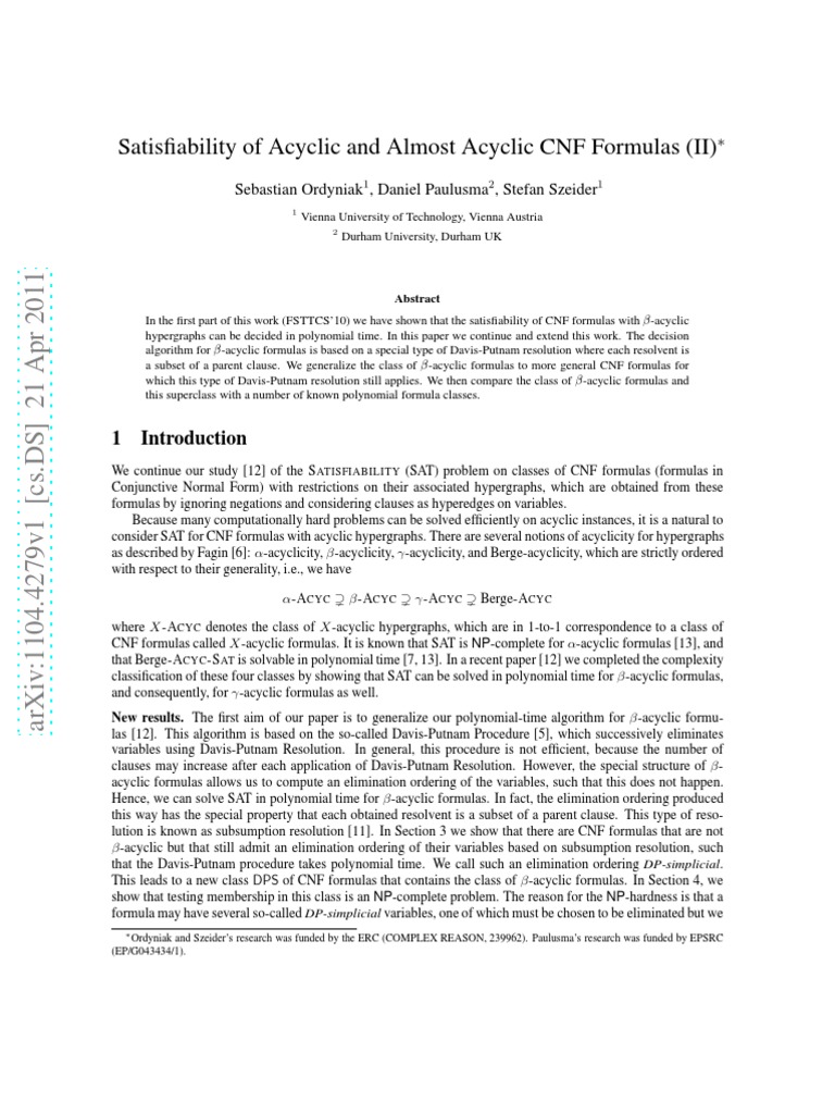 Satis Ability of Acyclic and Almost Acyclic CNF Formulas | Download Free PDF | Time Complexity ...