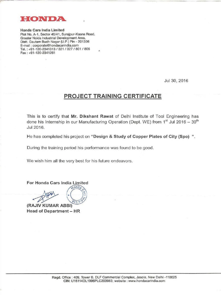 Honda-Training-Certificate Working | PDF