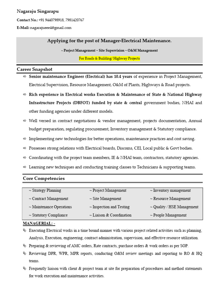 Nagaraju CV - Electrical Manager | PDF