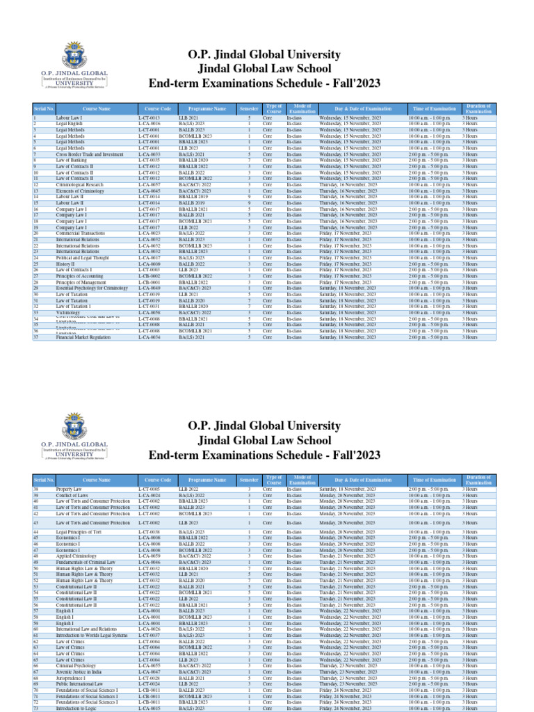 JGLS - End-Term Examinations Schedule For Core Courses - Fall'2023 ...