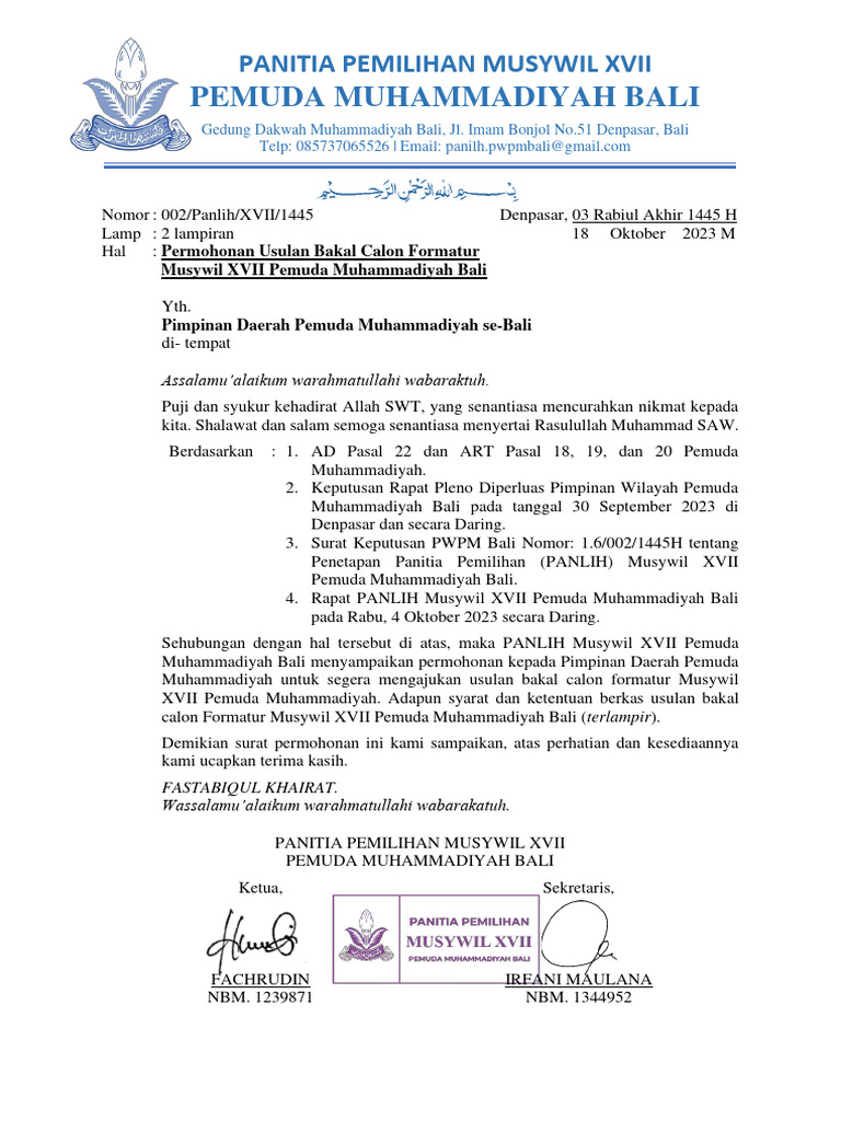 Pimpinan Daerah Pemuda Muhammadiyah Se-Bali (PANLIH PWPM Bali) | PDF