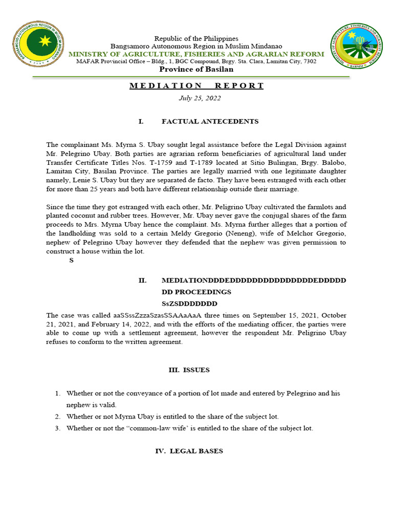 Mediation Report | PDF | Mortgage Law | Marriage