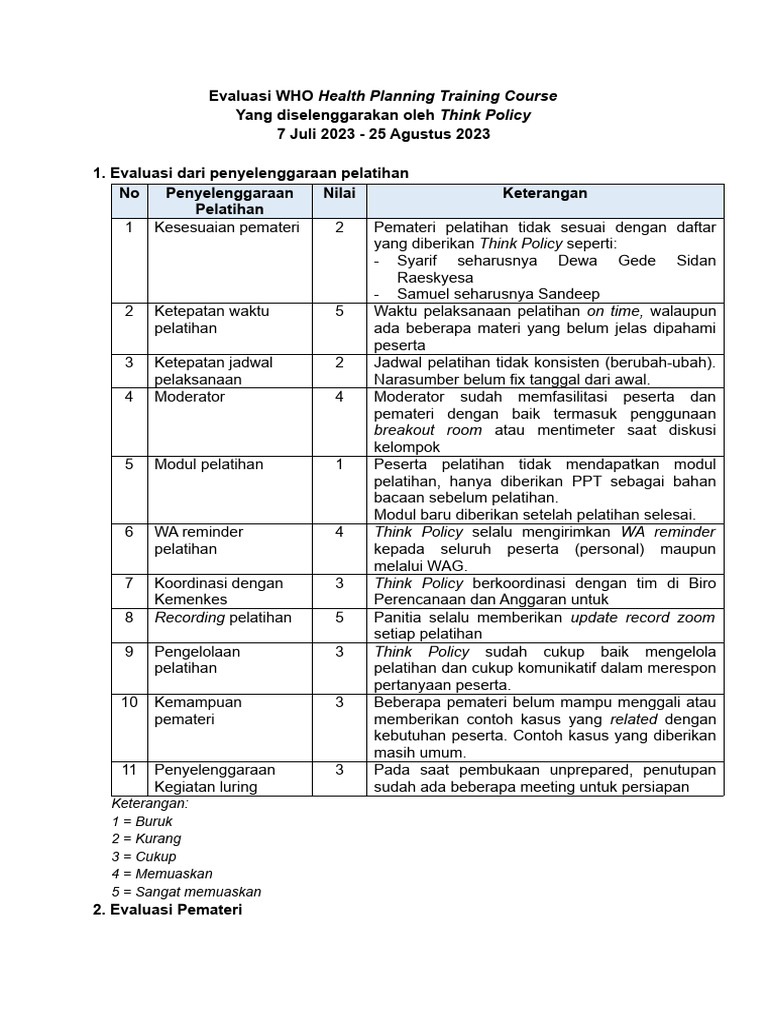 #1 Evaluasi Training WHO | PDF | Karier & Perkembangan | Sains & Matematika