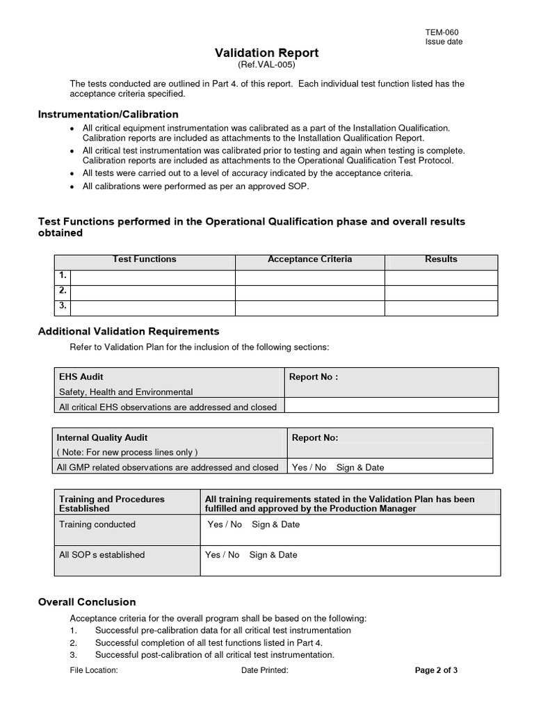 TEM-060 Example Validation Report Sample | PDF
