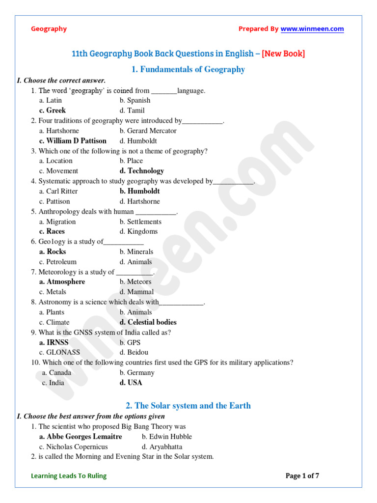 11th Geography Book Back Questions in English | PDF