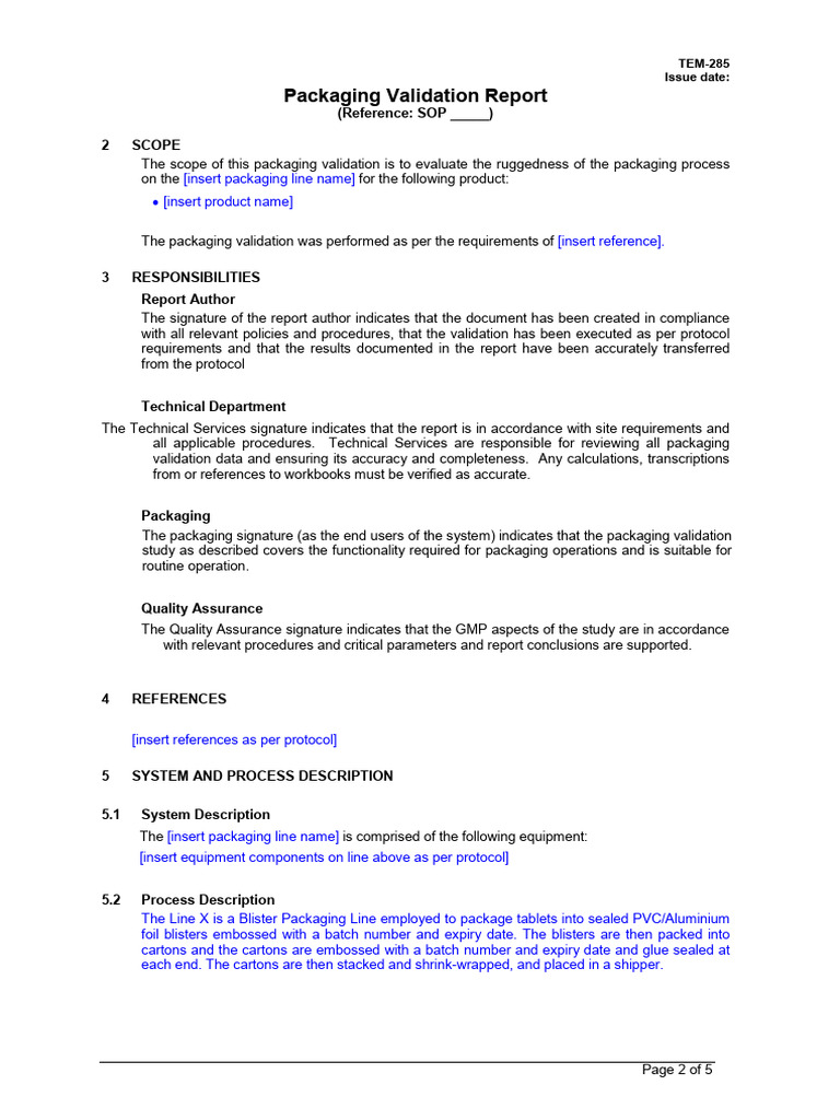 TEM 285 Packaging Validation Report Template Sample | PDF